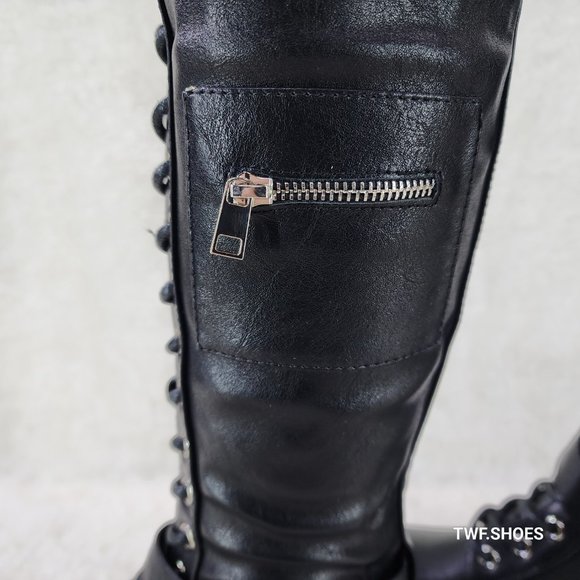 Yours Forever Shoes Punky Black Faux Leather Mid Calf Combat Military Boots Zipper Side